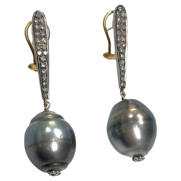 Large Gray Tahitian Pearl with Diamonds Earrings For Sale at 1stDibs