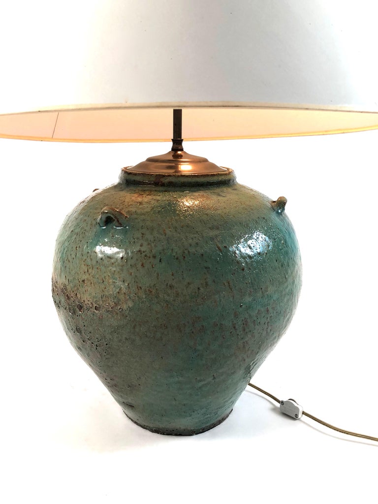 Large Green Glazed Art Pottery Lamp at 1stDibs