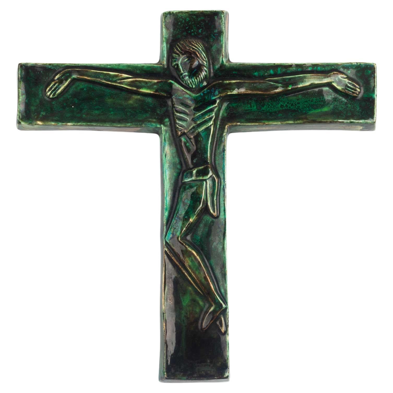 Large Mid-Century Crucifix Glossy Brown Ceramic, 1960s For Sale at 1stDibs