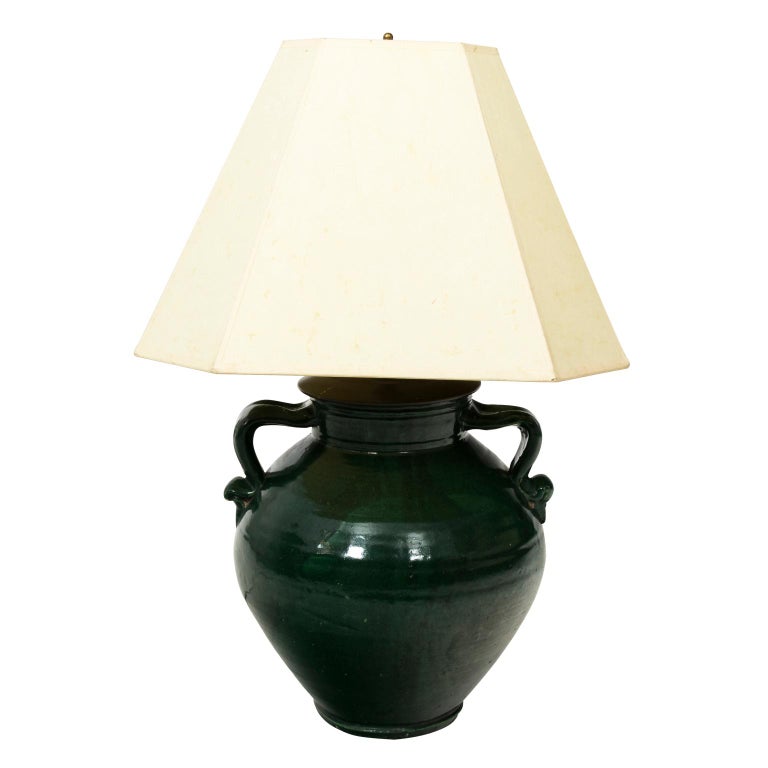 Large Green Pottery Lamp, circa 1900 For Sale at 1stDibs