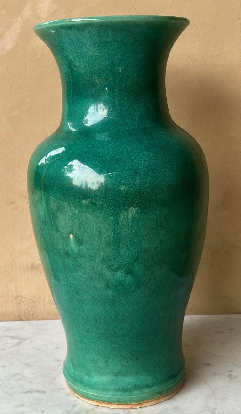 Large Green Terracotta Crackle Glass Glaze Vase For Sale at 1stDibs