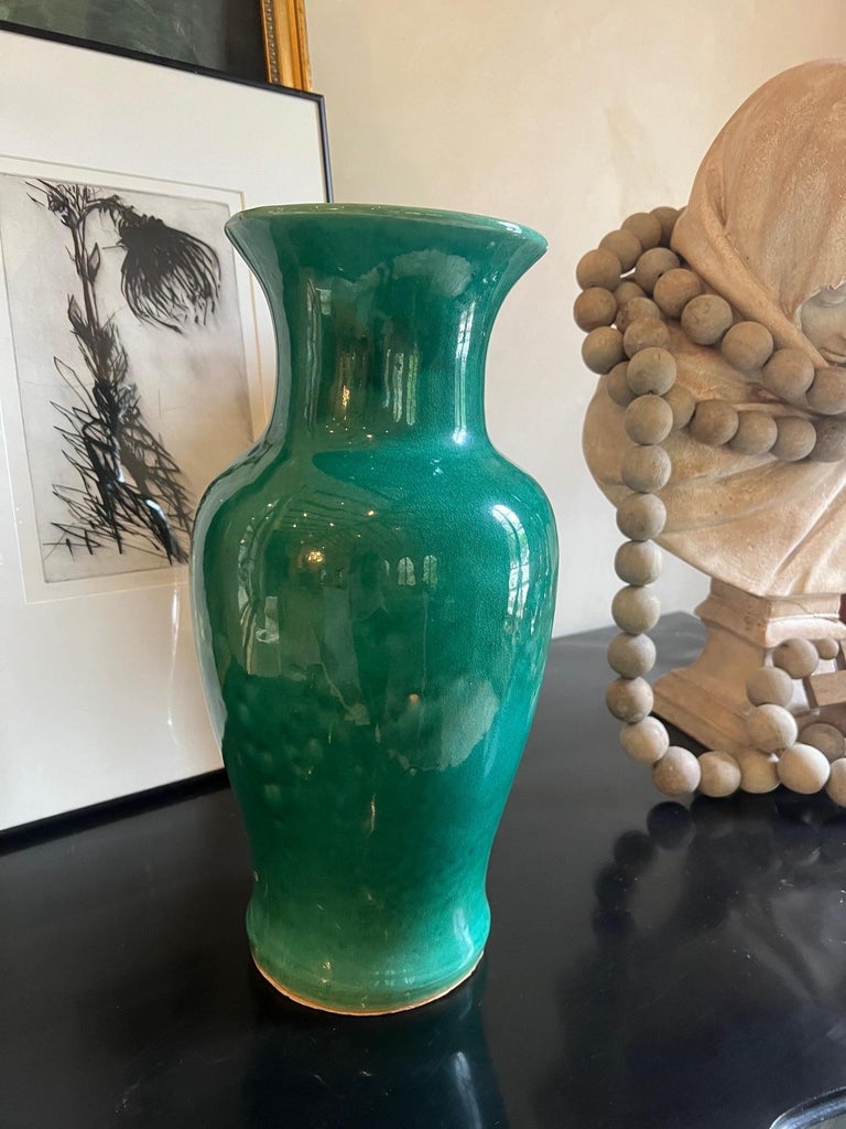 Large Green Terracotta Crackle Glass Glaze Vase For Sale at 1stDibs