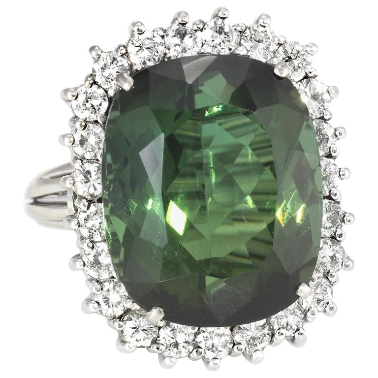 Large Green Tourmaline Diamond Cocktail Ring Vintage 14 Karat White ...