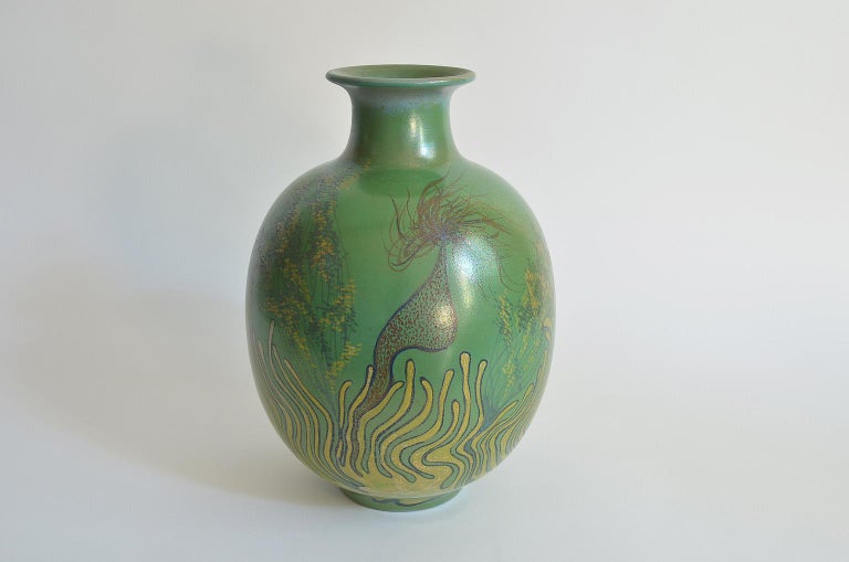 Large Green Vase Italian Pottery Marine Fauna Decor by Giacomo Onestini ...
