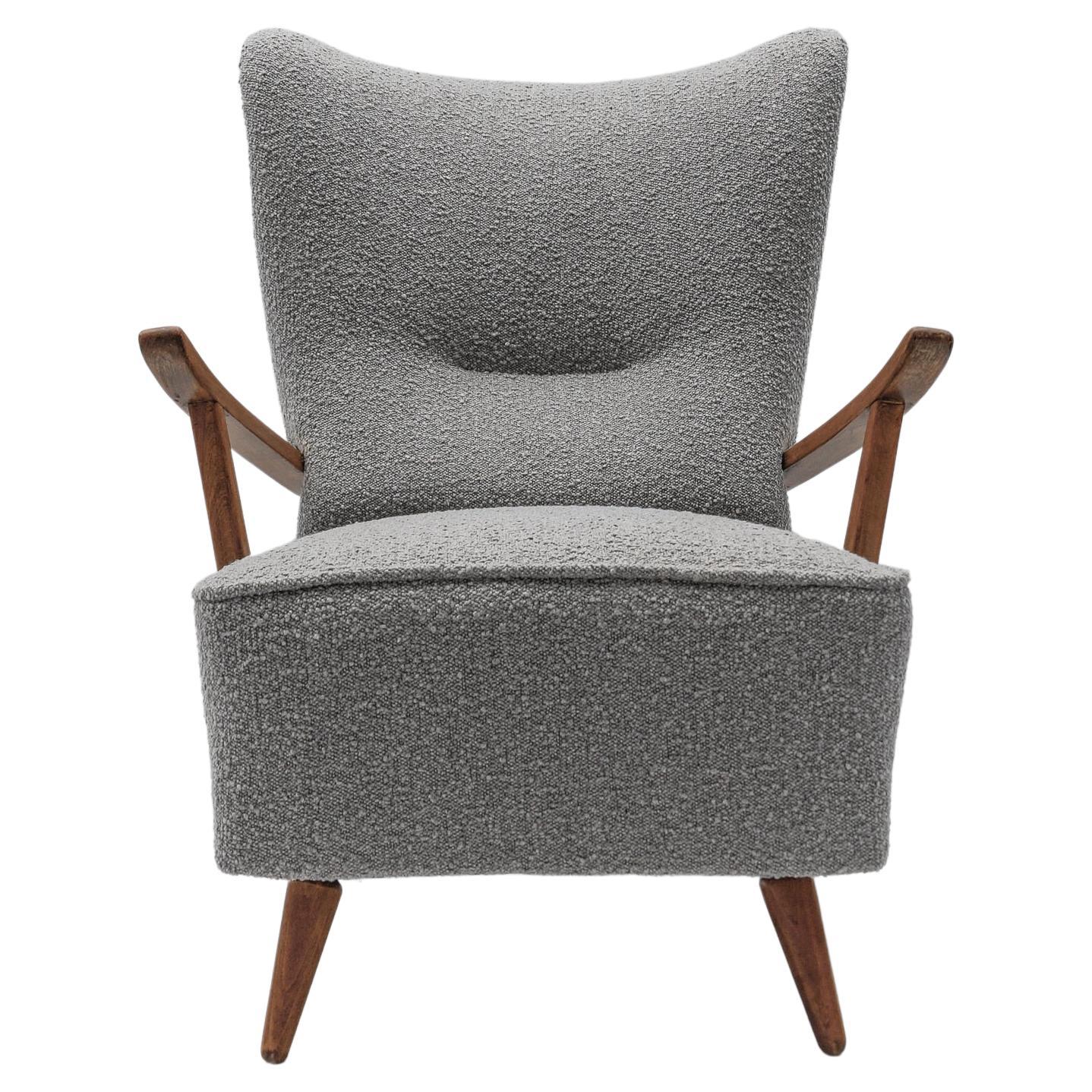 White Boucle Fabric and Wooden Wingback Armchair, Italy, 1950s For Sale ...