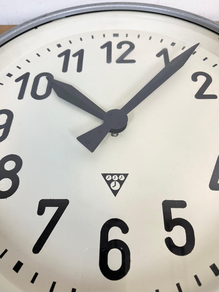 Large Grey Industrial Wall Clock from Pragotron, 1960s at 1stDibs