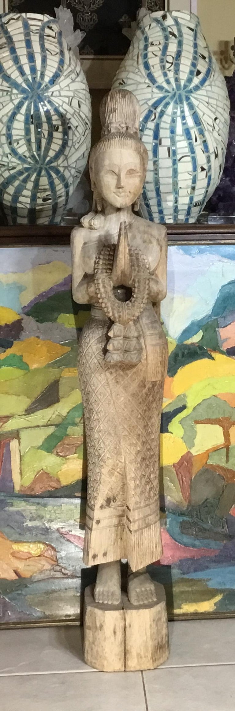 Large Hand Carved Wood Antique Quan Yin Statue at 1stDibs