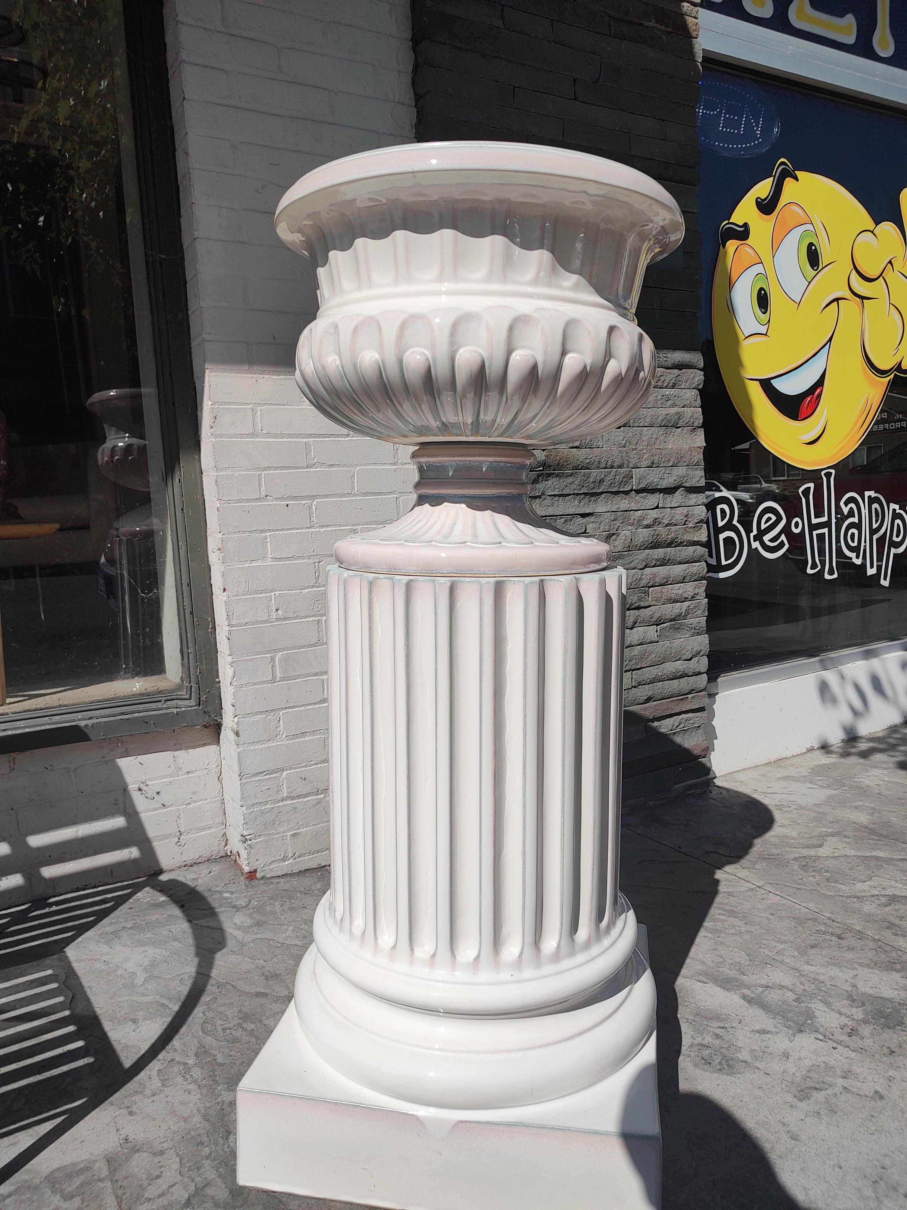 Large Hand Crafted 2 Piece Clay White Glazed Planter with Pedestal For ...
