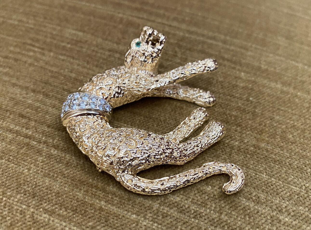 Large Hanging Panther Pin Brooch with Diamonds in 14k Yellow Gold For ...