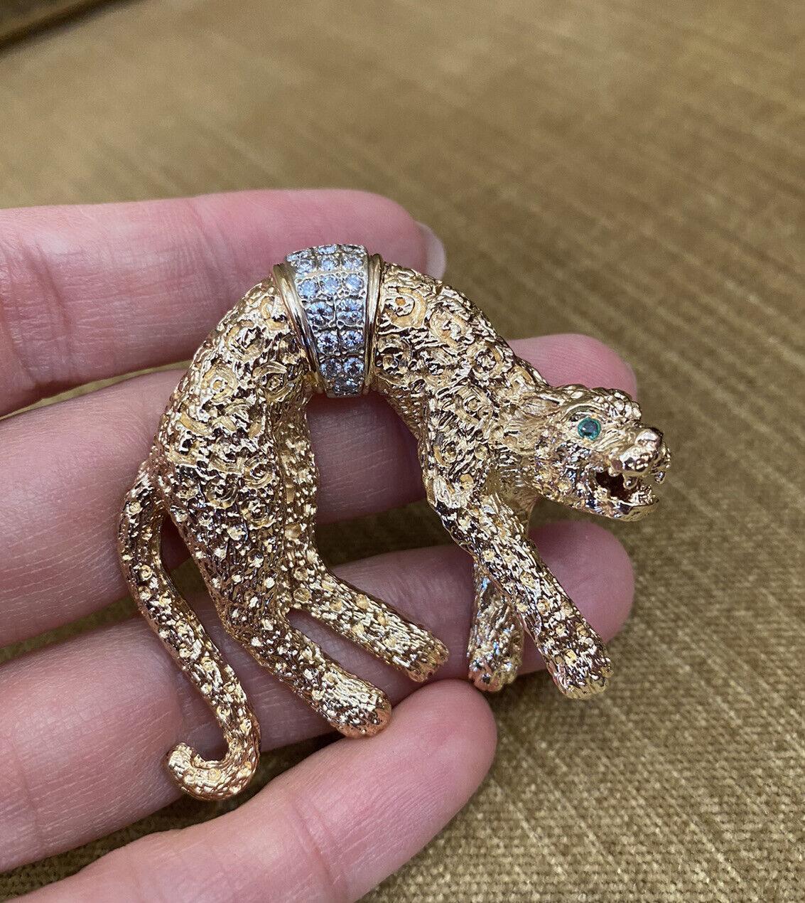 Large Hanging Panther Pin Brooch with Diamonds in 14k Yellow Gold For ...