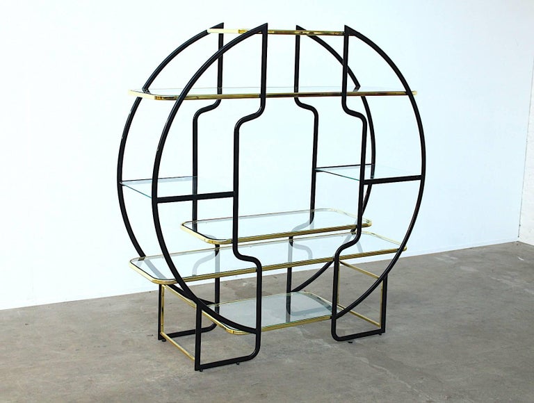 Large Hollywood Regency Circular Étagère or Vitrine in Brass and Black ...