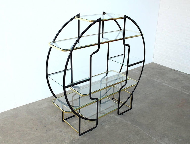 Large Hollywood Regency Circular Étagère or Vitrine in Brass and Black ...