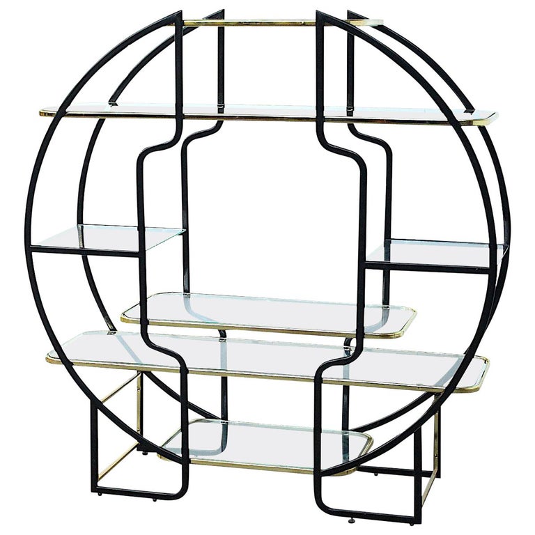 Large Hollywood Regency Circular Étagère or Vitrine in Brass and Black ...