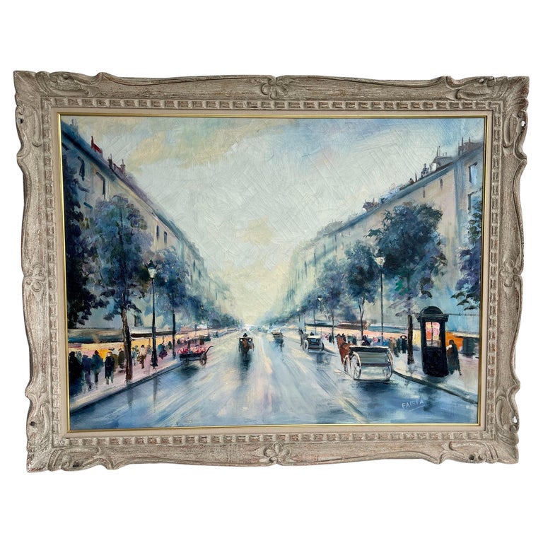 Grande huile sur toile impressionniste d'une scène de rue parisienne ...