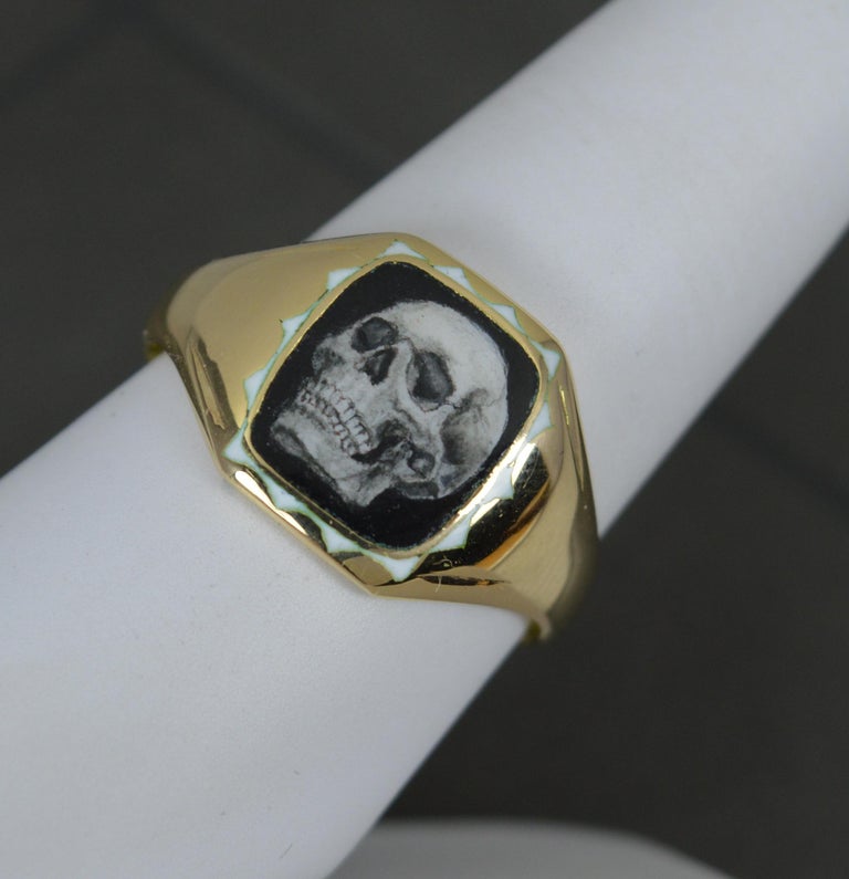 Large Impressive 18 Carat Gold and Enamel Skull Signet Ring For Sale at ...