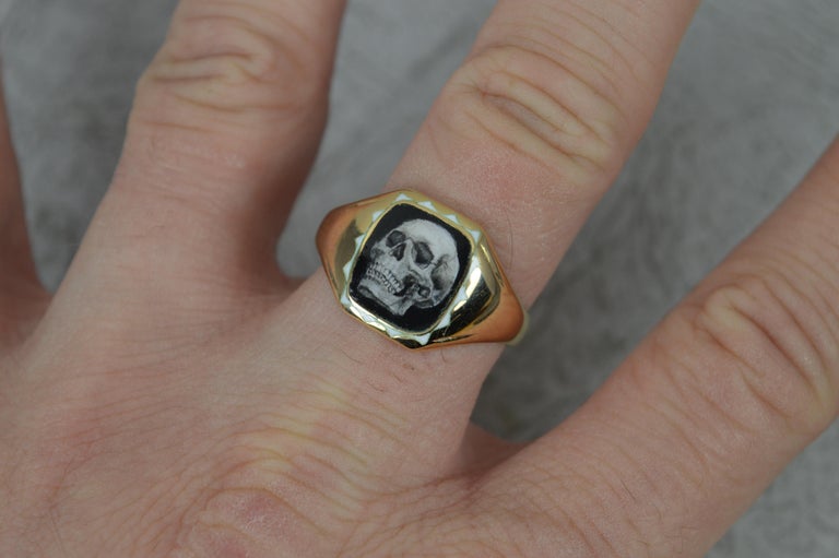 Large Impressive 18 Carat Gold and Enamel Skull Signet Ring For Sale at ...