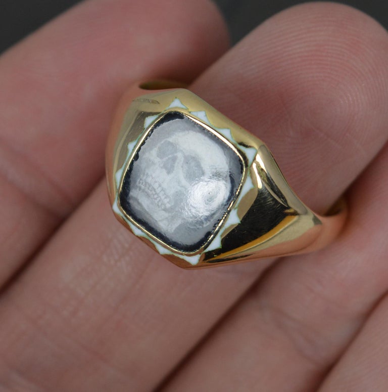 Large Impressive 18 Carat Gold and Enamel Skull Signet Ring For Sale at 1stDibs