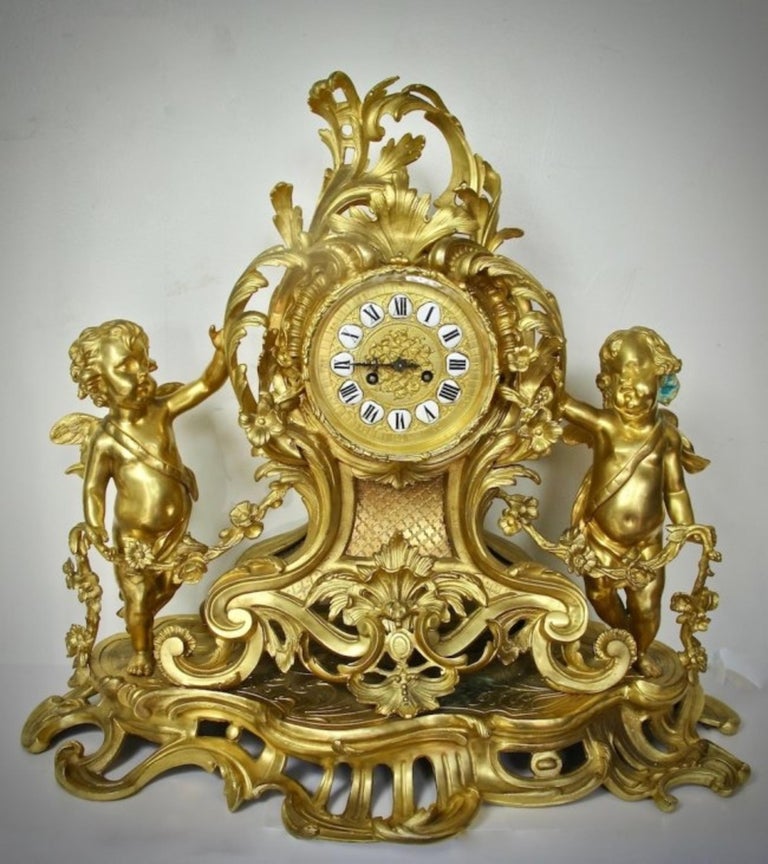 Large, Impressive Louis XV Gilt Bronze Mantle Clock For Sale at 1stDibs