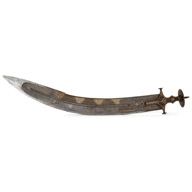 Large Indian Gold Damascened Steel Tegha Sword For Sale at 1stDibs