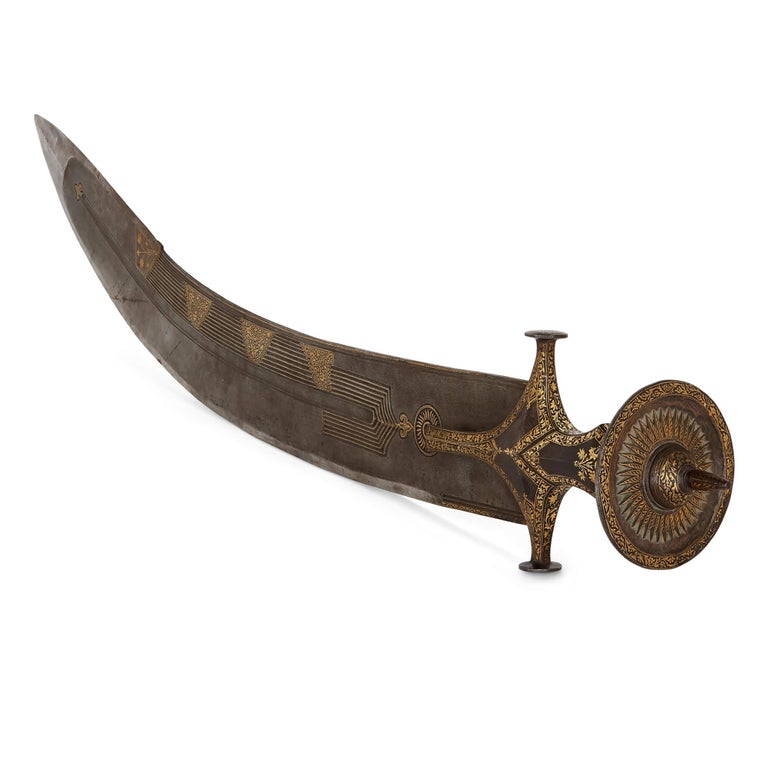 Large Indian Gold Damascened Steel Tegha Sword For Sale at 1stDibs