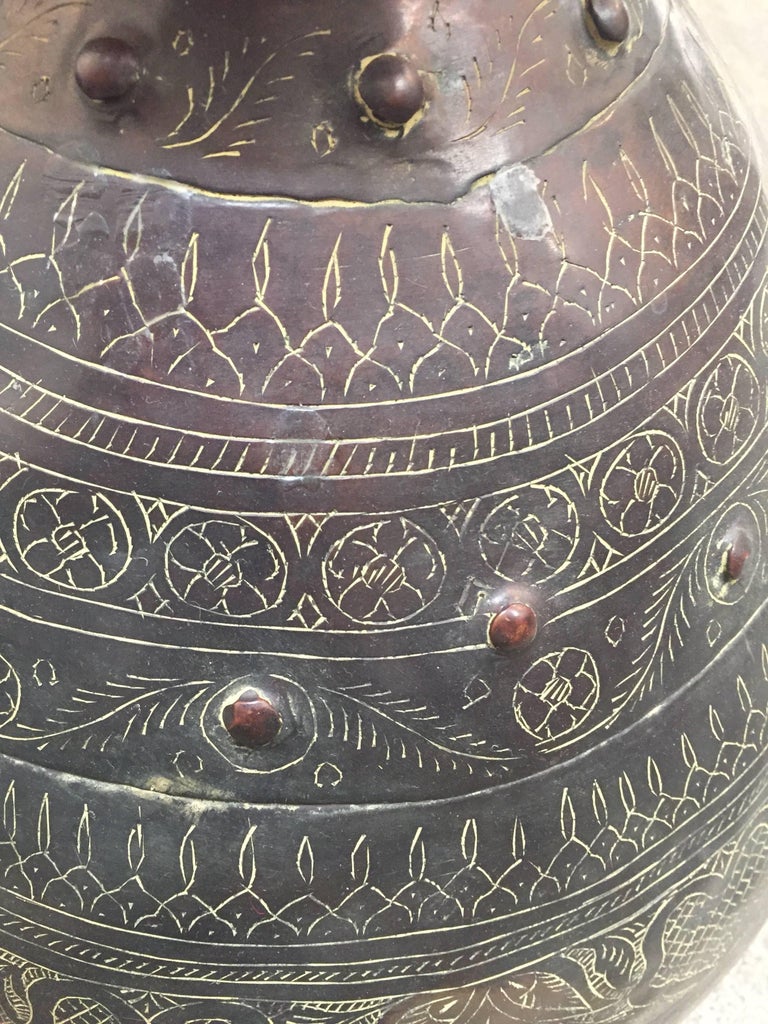 Large Indian Hand-Hammered Copper Jug with Asian Carvings at 1stDibs