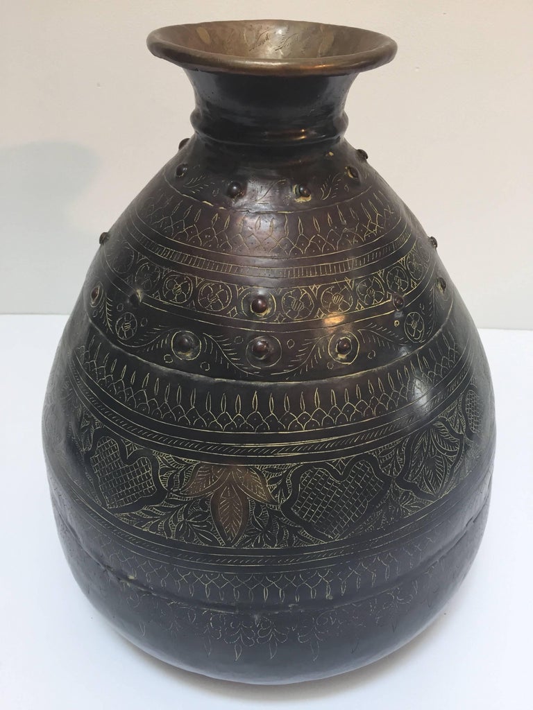 Large Indian Hand-Hammered Copper Jug with Asian Carvings at 1stDibs