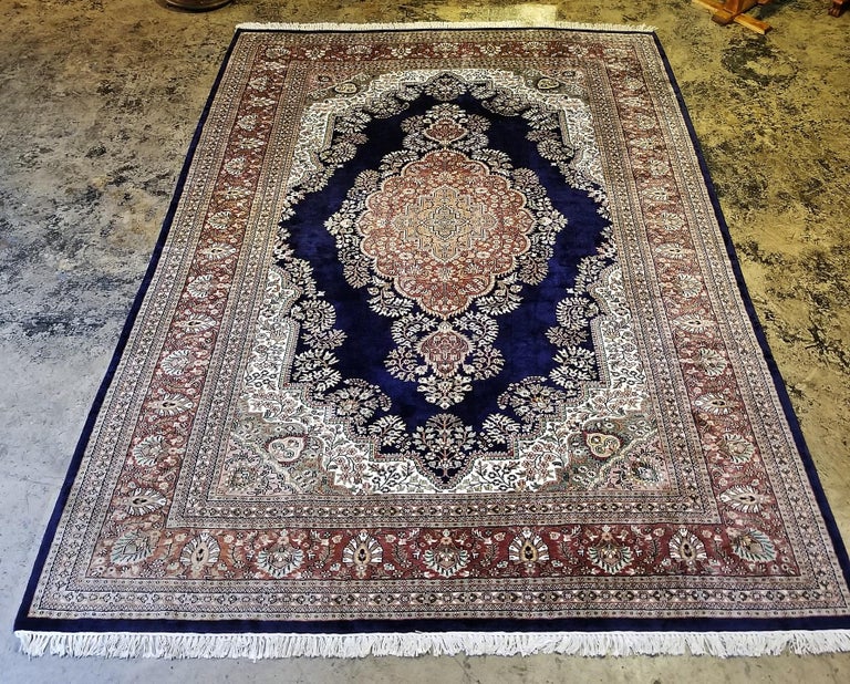 Large Indian Kashmir Silk Area Rug, Sapphire Blue, Green, Brown and ...