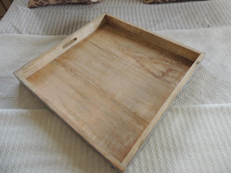 Large Indian Reclaimed Wood Square Tray with Silver Tin Trim at 1stDibs