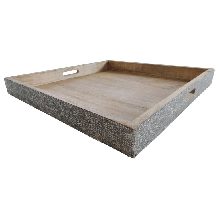 Large Indian Reclaimed Wood Square Tray with Silver Tin Trim at 1stDibs
