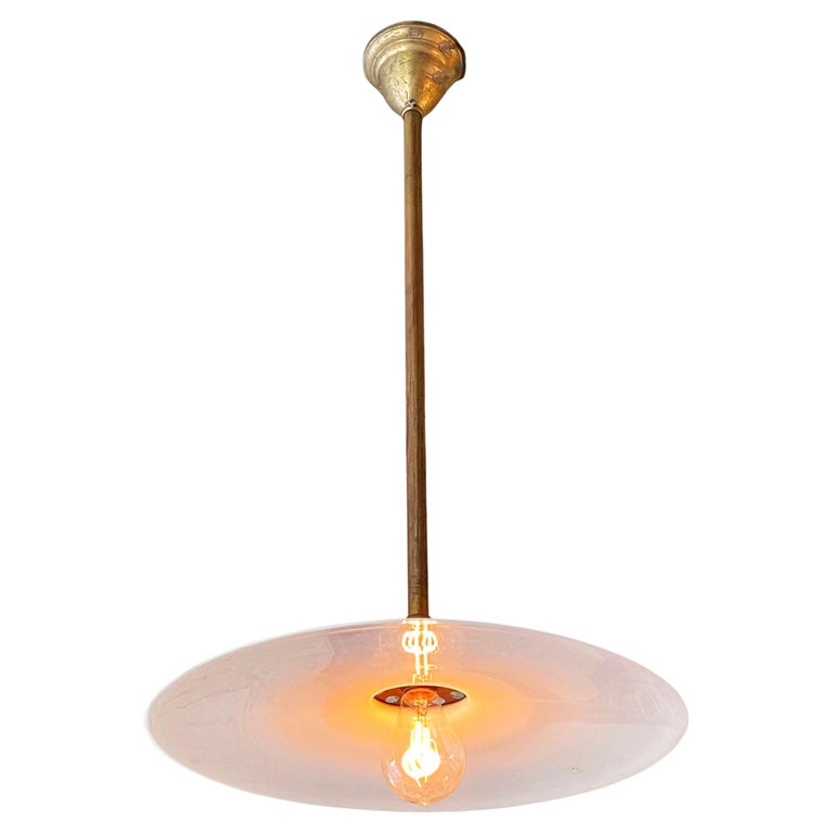 Large Industrial Milk Glass Disc Pendant Light For Sale at 1stDibs