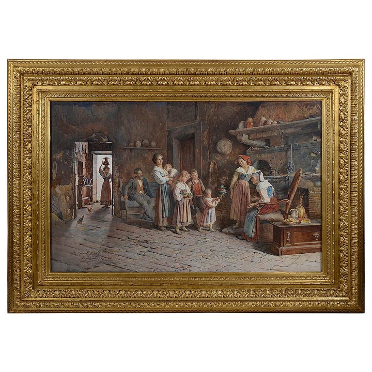 Large Italian 19th Century Water Color of a Family Scene, Signed P. De ...