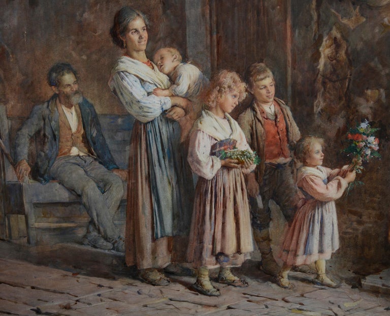 Large Italian 19th Century Water Color of a Family Scene, Signed P. De ...