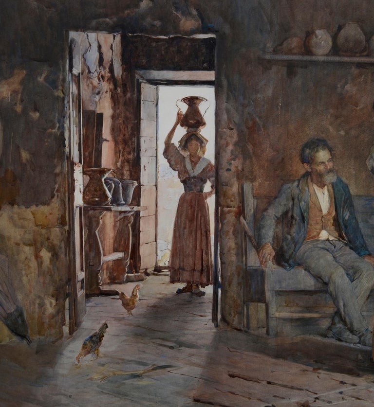 Large Italian 19th Century Water Color of a Family Scene, Signed P. De ...