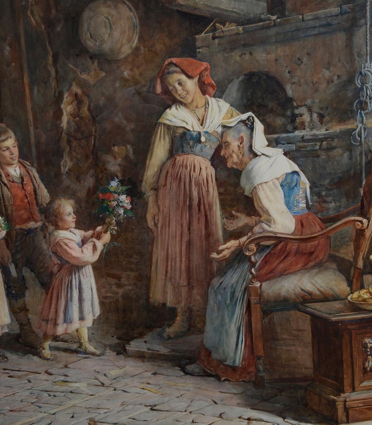 Large Italian 19th Century Water Color of a Family Scene, Signed P. De ...
