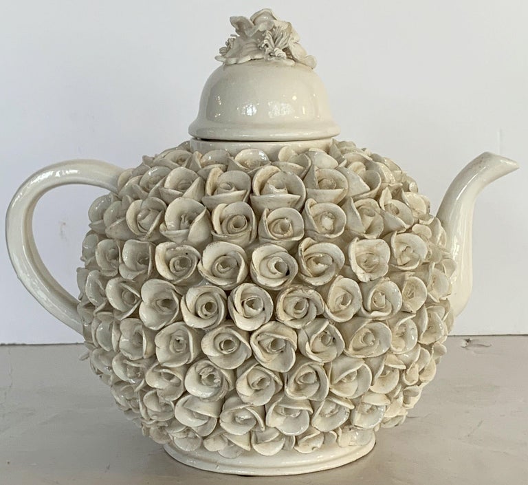 Large Italian Creamware or White Glazed Teapot with Lid Rosettes at 1stDibs