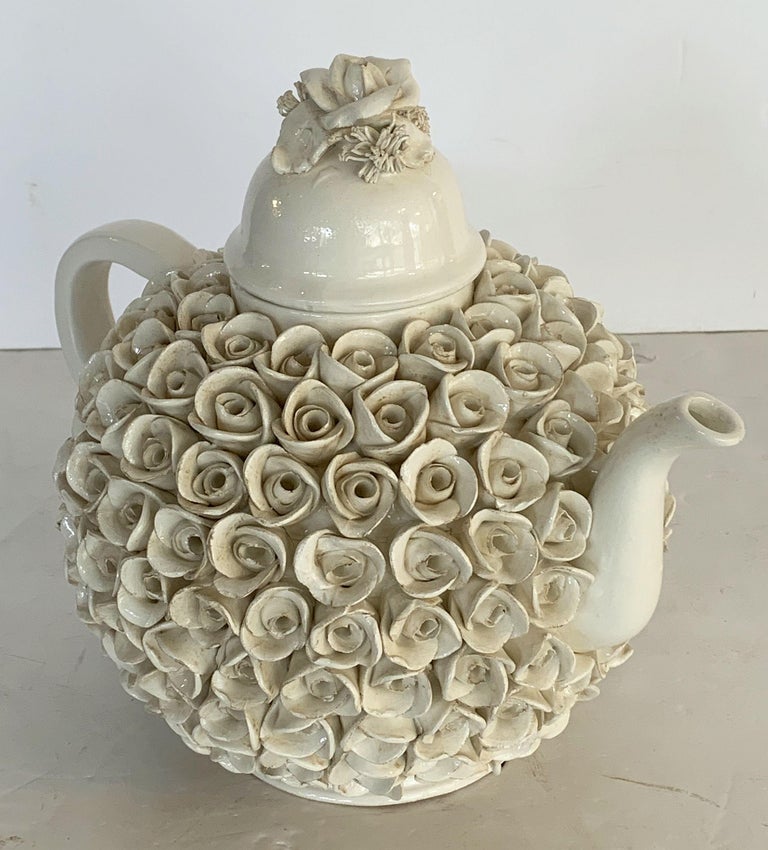 Large Italian Creamware or White Glazed Teapot with Lid Rosettes at 1stDibs