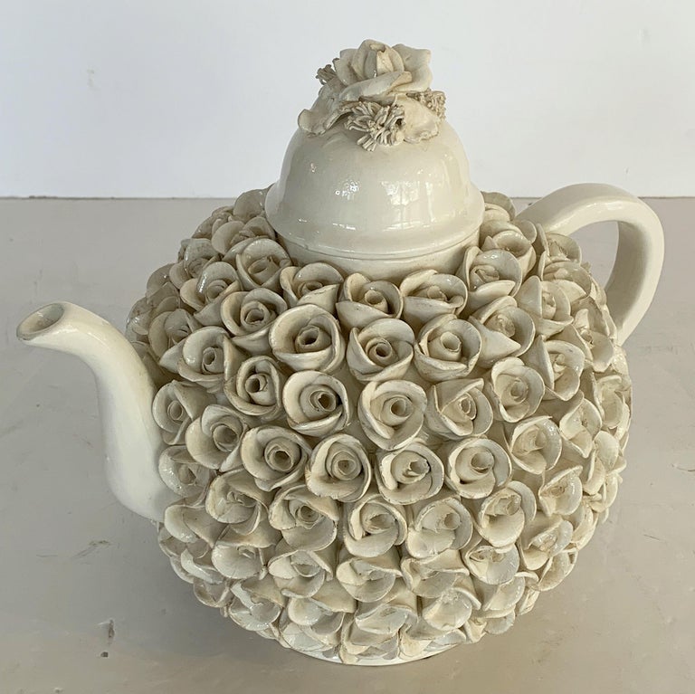 Large Italian Creamware or White Glazed Teapot with Lid Rosettes at 1stDibs