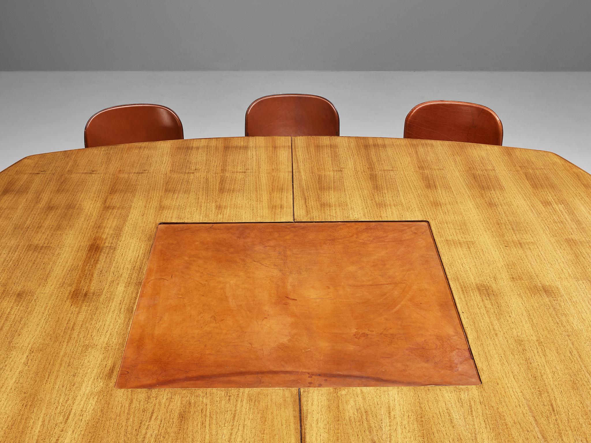 Large Italian Dining or Conference Table in Walnut and Cognac Leather ...