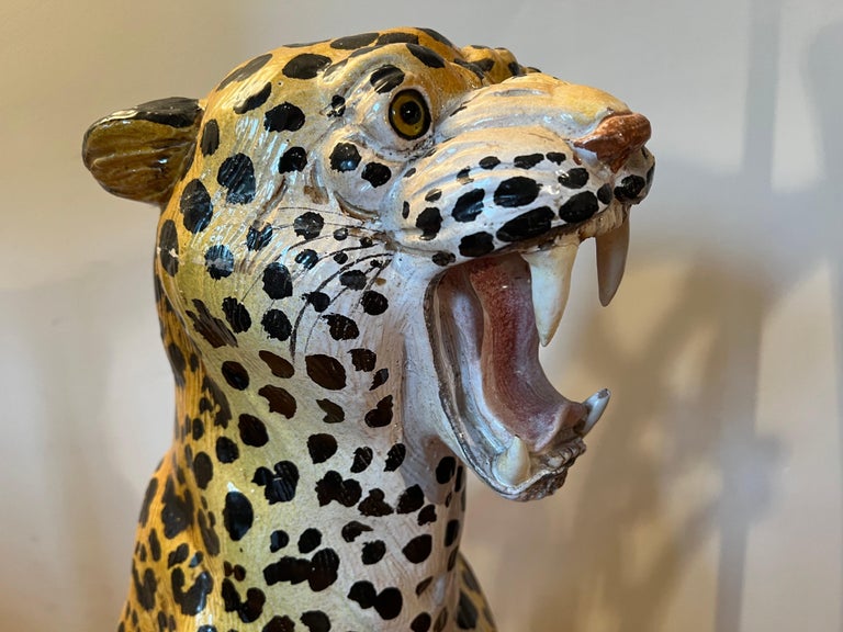 Large Italian Glazed Terracotta Leopard Figure Statue, 1960s Hollywood ...