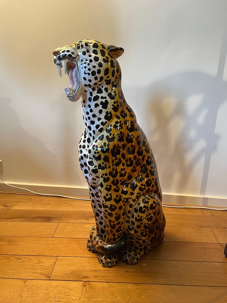Large Italian Glazed Terracotta Leopard Figure Statue, 1960s Hollywood ...