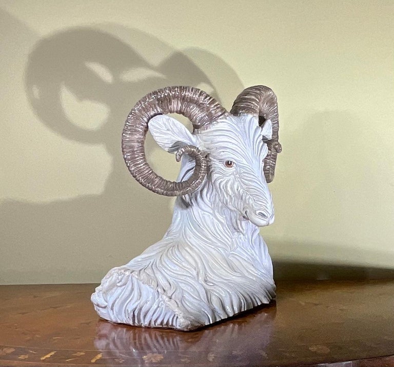 Large Italian Hand Painted Ceramic Ram Head Sculpture, 1950s For Sale ...