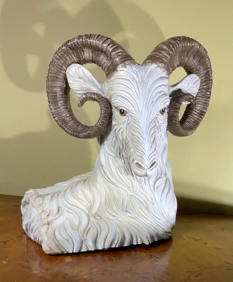 Large Italian Hand Painted Ceramic Ram Head Sculpture, 1950s For Sale ...