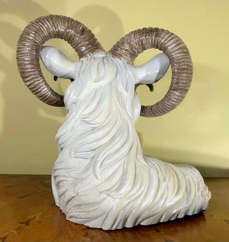 Large Italian Hand Painted Ceramic Ram Head Sculpture, 1950s For Sale ...