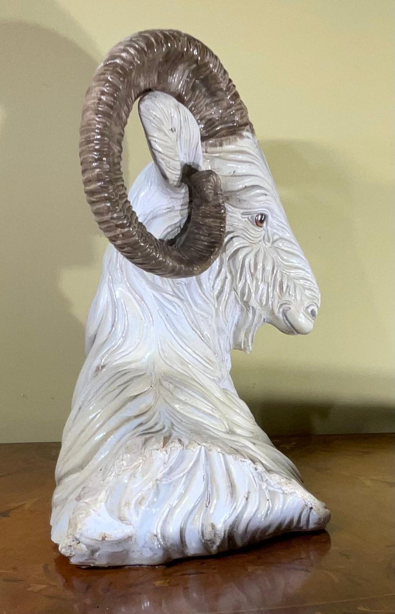Large Italian Hand Painted Ceramic Ram Head Sculpture, 1950s For Sale ...