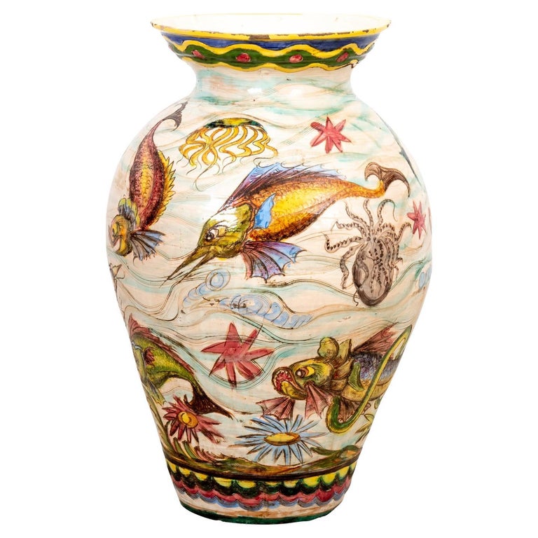 Large Italian Majolica "Peche di Mare" Jar For Sale at 1stDibs