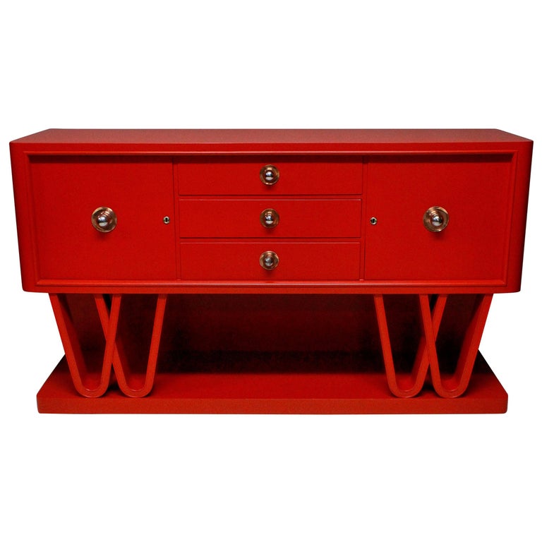 Large Italian Midcentury Red Lacquered Credenza For Sale at 1stDibs