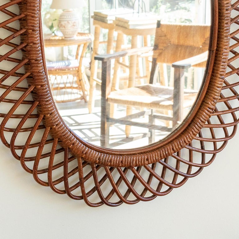 Large Italian Oval Rattan Mirror For Sale at 1stDibs