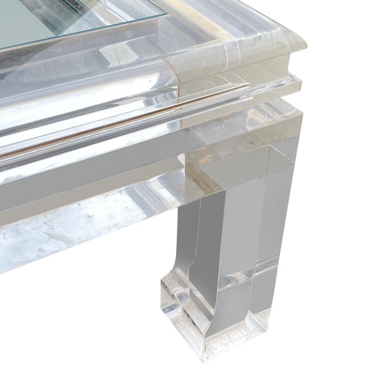 Large Italian Rectangular Lucite, Inlaid Brass Edge And Glass Cocktail ...