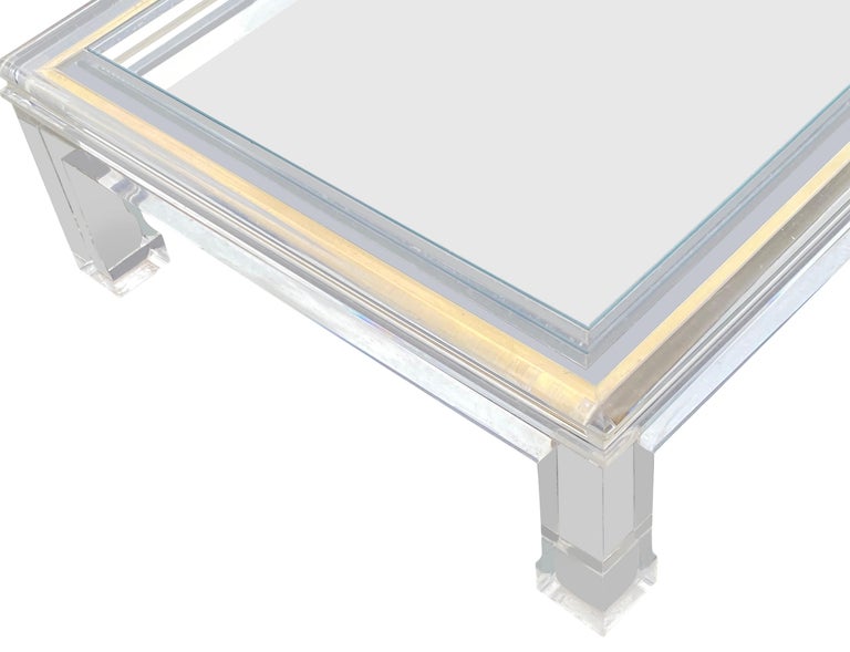 Large Italian Rectangular Lucite, Inlaid Brass Edge And Glass Cocktail ...