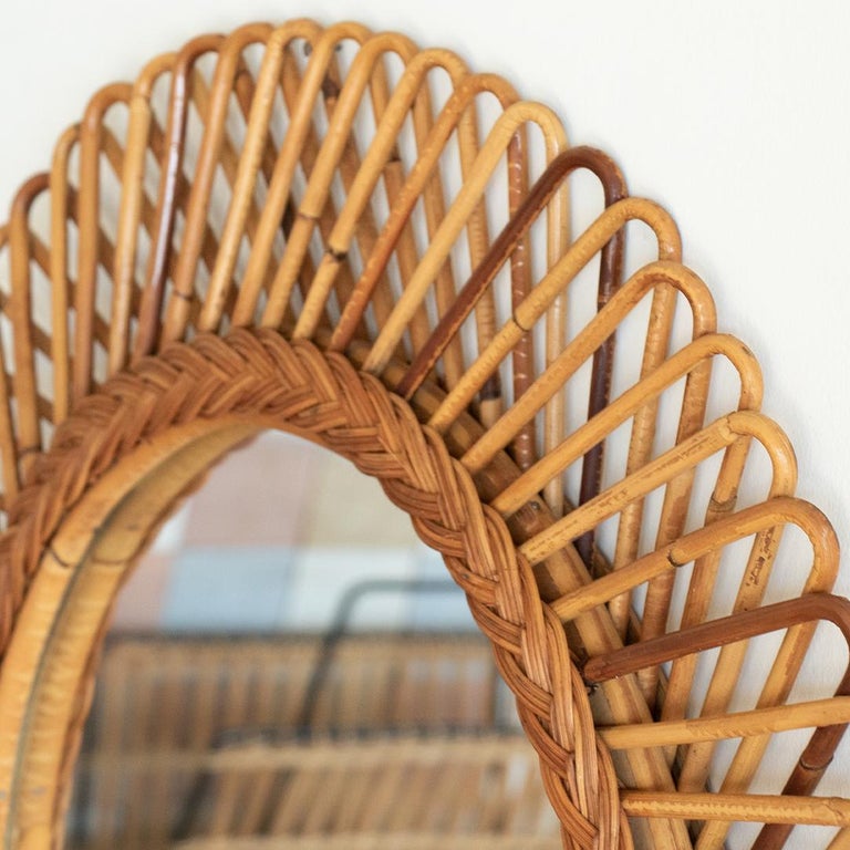 Large Italian Round Rattan Mirror at 1stDibs